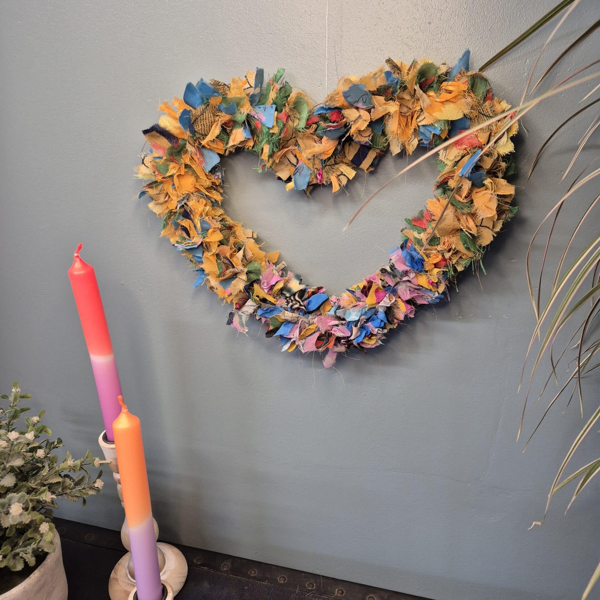 Recycled Multi-Coloured Material Heart Wreath - Just Dandy